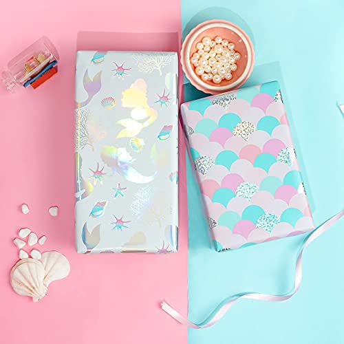 WRAPAHOLIC Wrapping Paper Roll - Mermaid Scale and Jellyfish Design with Colorful Foil for Birthday, Holiday, Baby Shower - 4 Rolls - 30 inch X 120 inch Per Roll