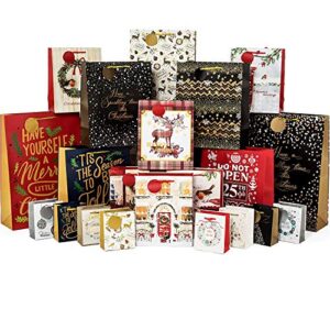 gift boutique 24 count christmas gift bags bulk set includes 4 jumbo 6 large 6 medium 8 small holiday xmas gifts bag assortment with handles & tags for wrapping any size present for adults teens kids