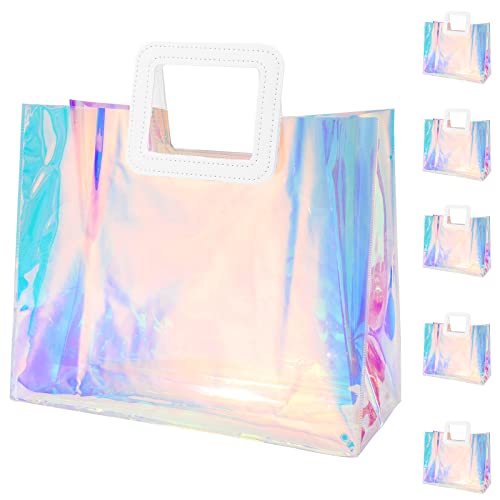 Whaline 5Pcs Large Holographic Gift Bags 12.8 x 11.6 x 5.7 Inch Iridescent Clear Reusable Tote PVC Gift Wrap Handbags Waterproof Shopping Bags for Wedding Birthday Baby Shower Party Supplies