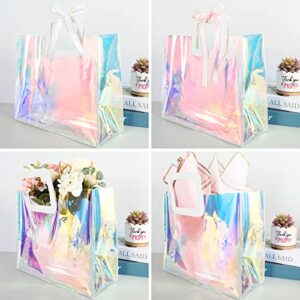 Whaline 5Pcs Large Holographic Gift Bags 12.8 x 11.6 x 5.7 Inch Iridescent Clear Reusable Tote PVC Gift Wrap Handbags Waterproof Shopping Bags for Wedding Birthday Baby Shower Party Supplies