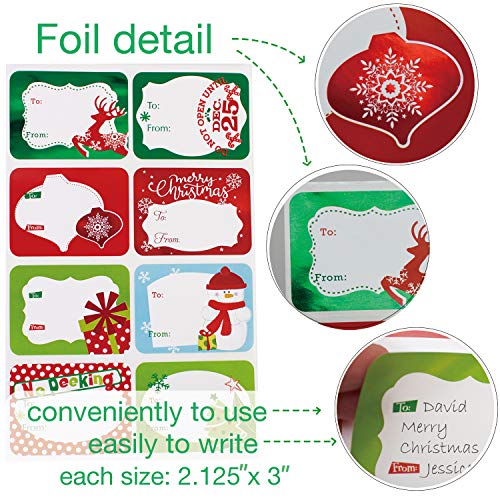 80-Count Foil Christmas Tags Sticker，8 Jumbo Designs - Xmas to from Christmas Sticker Name Tags Write On Labels - Holiday Present Labels