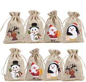 ccinee 36pc christmas linen bags with drawstrings christmas burlap goody gift bags with double jute drawstrings, 4 designs snowman, santa claus, penguin and elk