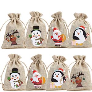 CCINEE 36pc Christmas Linen Bags with Drawstrings Christmas Burlap Goody Gift Bags with Double Jute Drawstrings, 4 designs Snowman, Santa Claus, Penguin and Elk