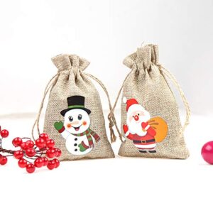 CCINEE 36pc Christmas Linen Bags with Drawstrings Christmas Burlap Goody Gift Bags with Double Jute Drawstrings, 4 designs Snowman, Santa Claus, Penguin and Elk