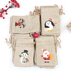 CCINEE 36pc Christmas Linen Bags with Drawstrings Christmas Burlap Goody Gift Bags with Double Jute Drawstrings, 4 designs Snowman, Santa Claus, Penguin and Elk