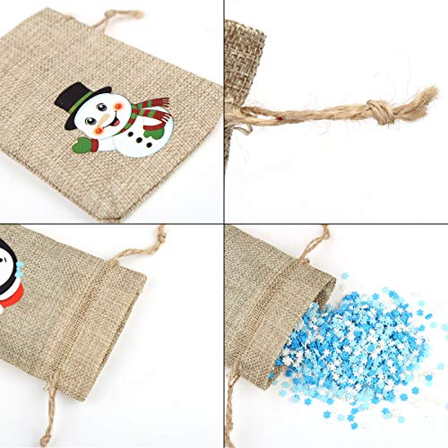 CCINEE 36pc Christmas Linen Bags with Drawstrings Christmas Burlap Goody Gift Bags with Double Jute Drawstrings, 4 designs Snowman, Santa Claus, Penguin and Elk