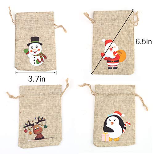 CCINEE 36pc Christmas Linen Bags with Drawstrings Christmas Burlap Goody Gift Bags with Double Jute Drawstrings, 4 designs Snowman, Santa Claus, Penguin and Elk