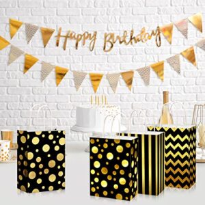 12 Pcs Gold Black Party Bags Metallic Gold Black Gift Bags with Handle Black and Gold Treat Bags for Gold Black Party Birthday Party Wedding Celebrations