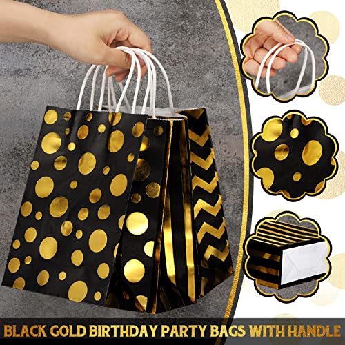 12 Pcs Gold Black Party Bags Metallic Gold Black Gift Bags with Handle Black and Gold Treat Bags for Gold Black Party Birthday Party Wedding Celebrations