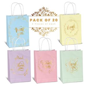 Pastel Thank you Goodie Bags 20 Pack (5 Colors) – Colored Paper Bags with Handles | Baby Shower, Valentine’s, Wedding, Birthday Gift Bags Party Favor Bags