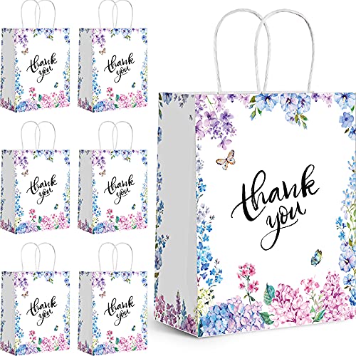 Thinkday 30 Pieces Thank You Paper Bags With Handles Floral Shopping Bags Party Favor Bags for Business Boutique Wedding Birthday Baby Shower Party Favors, 10 x 8 x 4 Inch