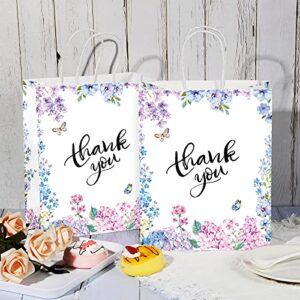 Thinkday 30 Pieces Thank You Paper Bags With Handles Floral Shopping Bags Party Favor Bags for Business Boutique Wedding Birthday Baby Shower Party Favors, 10 x 8 x 4 Inch