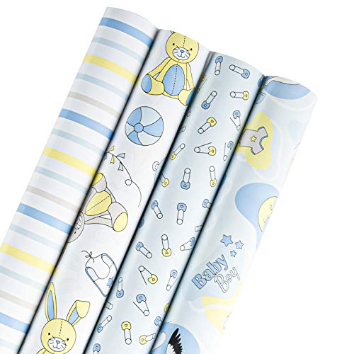 WRAPAHOLIC Baby Boy Wrapping Paper Roll - Cute Bear and Small Pin Design Perfect for Celebration, Party, Baby Shower Present Packing - 4 Rolls - 30 inch X 120 inch Per Roll