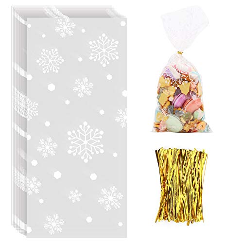 CCINEE Snowflake Treat Bag,Christmas Cellophane Bag with Twist Ties Candy Cookie Bags for Party Supplies,120PCS