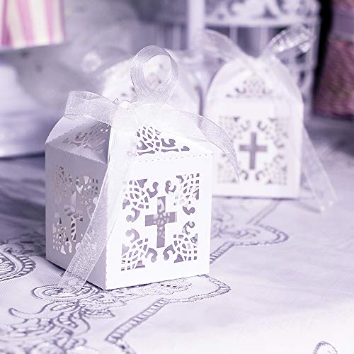 YOZATIA 50PCS Cross Favor Boxes, 2.2 x 2.2 x 2.2 Inches Baptism Favor Boxes with 50 Ribbons, for Party Birthday Christening favor(Cross)