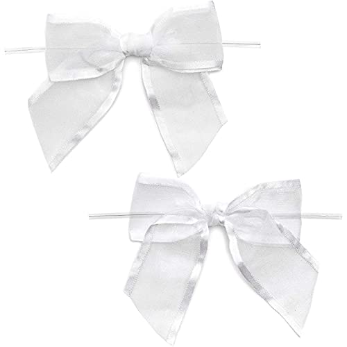 White Organza Bow Twist Ties for Favors and Treat Bags (1.5 Inches, 36 Pack)