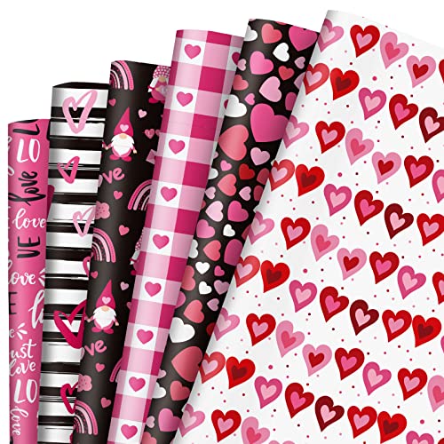 Whaline 12 Sheet Valentine's Day Wrapping Paper Pink Black Heart Gnome Plaid pattern Wrapping Paper Love Printed Art Paper for Wedding Anniversary Baby Shower Birthday Gift Packing, 19.7 x 27.6 Inch