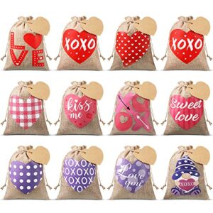 36 pcs valentine’s day burlap gift bags with drawstring heart bags linen present candy favor bag with tags and ropes for valentine’s day wedding birthdays bridal shower, 5 x 7 inch