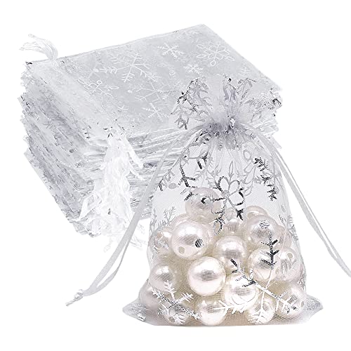 HRX Package 100pcs Snowflake Organza Gift Bags Christmas 3.5 x 4.7 inch, Small White Mesh Jewelry Pouches Little Drawstring Candy Bags