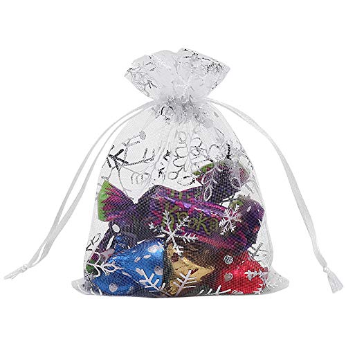 HRX Package 100pcs Snowflake Organza Gift Bags Christmas 3.5 x 4.7 inch, Small White Mesh Jewelry Pouches Little Drawstring Candy Bags