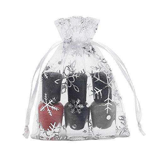 HRX Package 100pcs Snowflake Organza Gift Bags Christmas 3.5 x 4.7 inch, Small White Mesh Jewelry Pouches Little Drawstring Candy Bags