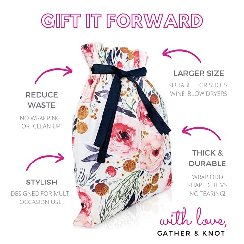 Gather & Knot Drawstring Gift Bags | 16" Medium | Premium Canvas | Reusable Fabric Wrap for Valentines, Weddings, Bridesmaids, Birthdays - All Occasion | Pink Floral