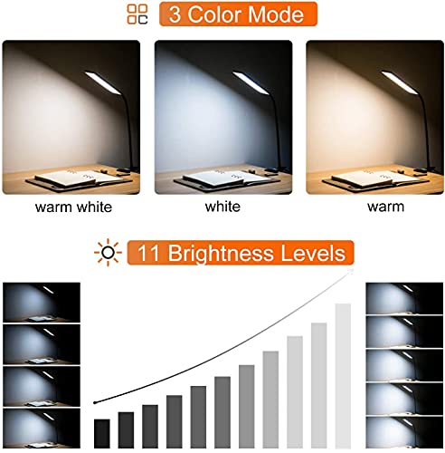 Vansuny Clip on Light LED Desk Lamp with Eye-Caring LED Light and Metal Clip, 11 Level Brightness 3 Color Modes, Power by USB Port 5W Flexible Gooseneck Reading Light for Home and Office (5W, Black)