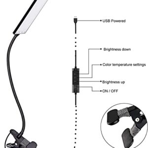 Vansuny Clip on Light LED Desk Lamp with Eye-Caring LED Light and Metal Clip, 11 Level Brightness 3 Color Modes, Power by USB Port 5W Flexible Gooseneck Reading Light for Home and Office (5W, Black)