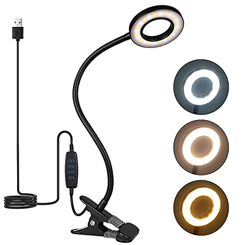 iVict Clip on Ring Light, USB Desk Lamp with 3 Color Modes, 10 Brightness Levels, Eye Protection LED Desk Light, 360° Flexible Gooseneck LED Desk Lamp for Desk Headboard and Video Conferencing