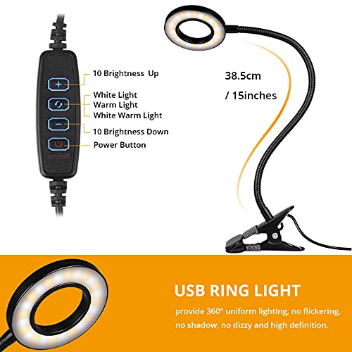 iVict Clip on Ring Light, USB Desk Lamp with 3 Color Modes, 10 Brightness Levels, Eye Protection LED Desk Light, 360° Flexible Gooseneck LED Desk Lamp for Desk Headboard and Video Conferencing