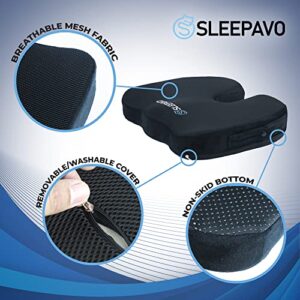 Sleepavo Black Memory Foam Seat Cushion for Office Chair - Pillow for Sciatica, Coccyx, Back, Tailbone & Lower Back Pain Relief - Orthopedic Chair Pad for Lumbar Support in Office Desk, Car & Airplane