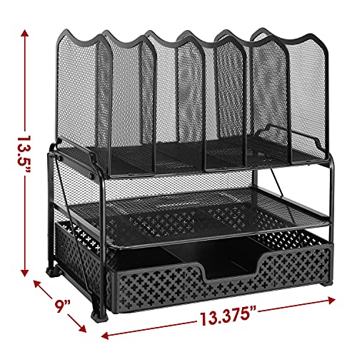 Simple Trending-Mesh Desk Organizer with Sliding Drawer, Double Tray with 5 Sections File Bookshelf, Black