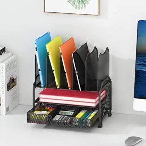 Simple Trending-Mesh Desk Organizer with Sliding Drawer, Double Tray with 5 Sections File Bookshelf, Black