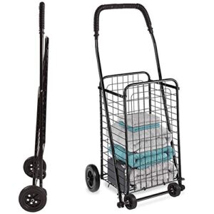 dmi utility cart with wheels to be used as a shopping cart, grocery cart, laundry cart and stair climber cart, weighs 7.5 pounds but holds up to 90 pounds, compact and foldable, black