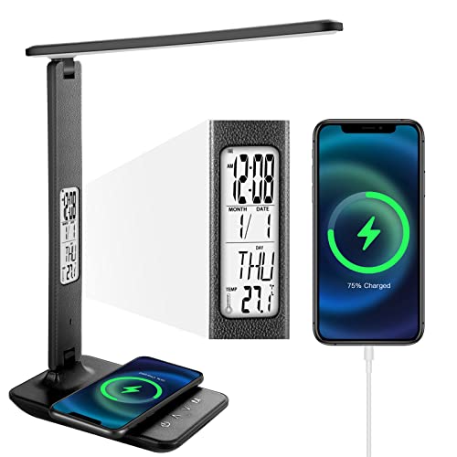 Yeslights Desk Lamp, LED Desk Lamp with Wireless Charger, Desk Lamps for Home Office, USB Charging Port, Desk Light with Clock, Alarm, Date, Temperature-Black