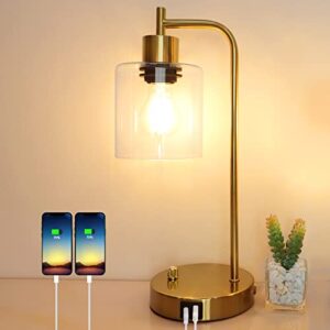 Gold Industrial Table Lamp with 2 USB Ports, Elizabeth Vintage Desk Lamp, 3-Way Dimmable Bedside Reading Lamp with Glass Shade for Bedroom Living Room Office, LED Nightstand Lamp with Edison E26 Bulb