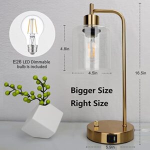 Gold Industrial Table Lamp with 2 USB Ports, Elizabeth Vintage Desk Lamp, 3-Way Dimmable Bedside Reading Lamp with Glass Shade for Bedroom Living Room Office, LED Nightstand Lamp with Edison E26 Bulb