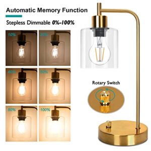 Gold Industrial Table Lamp with 2 USB Ports, Elizabeth Vintage Desk Lamp, 3-Way Dimmable Bedside Reading Lamp with Glass Shade for Bedroom Living Room Office, LED Nightstand Lamp with Edison E26 Bulb