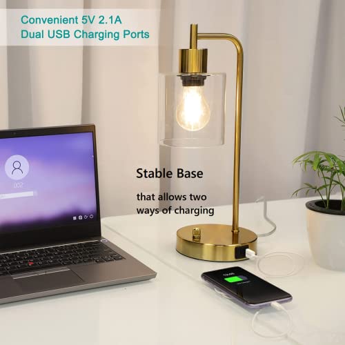 Gold Industrial Table Lamp with 2 USB Ports, Elizabeth Vintage Desk Lamp, 3-Way Dimmable Bedside Reading Lamp with Glass Shade for Bedroom Living Room Office, LED Nightstand Lamp with Edison E26 Bulb