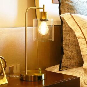 Gold Industrial Table Lamp with 2 USB Ports, Elizabeth Vintage Desk Lamp, 3-Way Dimmable Bedside Reading Lamp with Glass Shade for Bedroom Living Room Office, LED Nightstand Lamp with Edison E26 Bulb