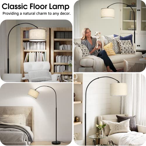 Dimmable Floor Lamp, Arc Floor Lamp with Dimmer, Black Standing Lamp with Adjustable Hanging Shade, Over Couch Tall Reading Light, Modern Pole Lamp for Living Room Bedroom, 8W LED Bulb Included