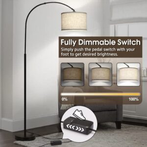 Dimmable Floor Lamp, Arc Floor Lamp with Dimmer, Black Standing Lamp with Adjustable Hanging Shade, Over Couch Tall Reading Light, Modern Pole Lamp for Living Room Bedroom, 8W LED Bulb Included