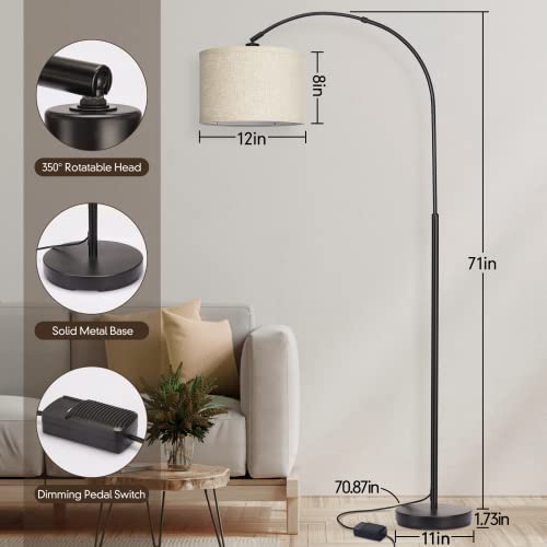 Dimmable Floor Lamp, Arc Floor Lamp with Dimmer, Black Standing Lamp with Adjustable Hanging Shade, Over Couch Tall Reading Light, Modern Pole Lamp for Living Room Bedroom, 8W LED Bulb Included