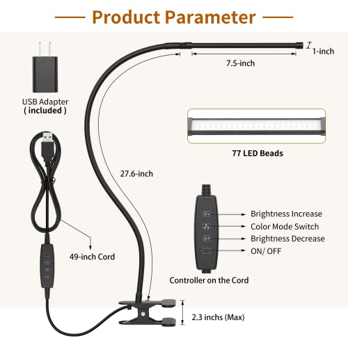 iZELL Desk Lamp, LED Desk Lamps for Home Office with Clamp [77 LEDs Light with 3 Color Modes & 10 Brightness Levels] Flexible Gooseneck LED Book Lights, Easy Clip on Reading Light for Headboard