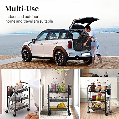 Greensen 3 Tier All-Metal Rolling Cart, Laundry Office Bathroom Storage Organizer Cart with Wheels, Easy-Carry and Assembly Mesh Trolley Cart with Practical Bucket and Hooks, Slide-Out Narrow Shelf