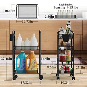 Greensen 3 Tier All-Metal Rolling Cart, Laundry Office Bathroom Storage Organizer Cart with Wheels, Easy-Carry and Assembly Mesh Trolley Cart with Practical Bucket and Hooks, Slide-Out Narrow Shelf