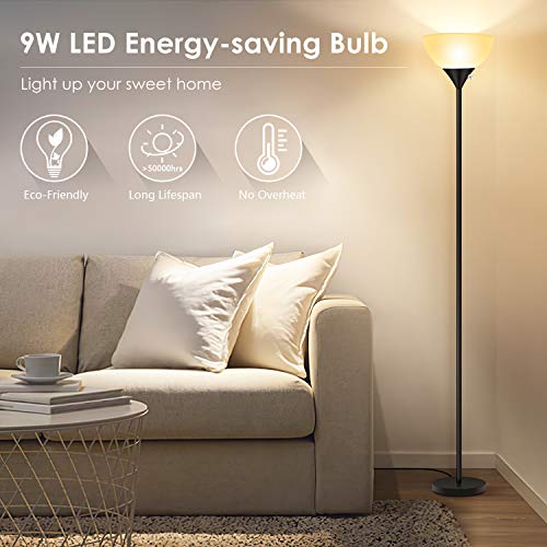 BoostArea Floor Lamp, Standing Lamp, 9W LED Floor Lamp, Energy Saving, 50,000hrs Long Lifespan, 3000K Warm White, Eye-Caring, Torchiere Floor Lamps for Bedroom, Living Room, Office, Reading, Black