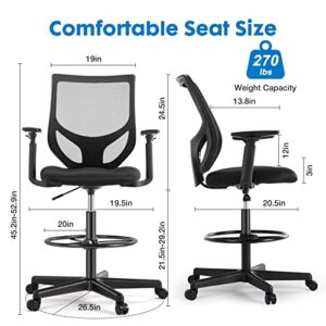 JHK Drafting Tall Home Office Standing Desk Adjustable Foot Ring and Armrest, Mid Back Mesh Computer Executive Task Chair with Ergonomic Lumbar Support for Adult, Black