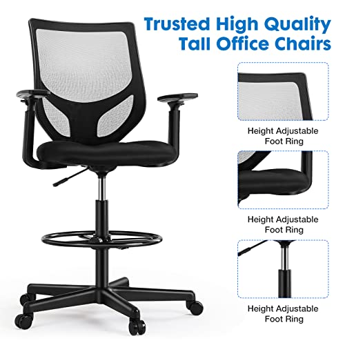 JHK Drafting Tall Home Office Standing Desk Adjustable Foot Ring and Armrest, Mid Back Mesh Computer Executive Task Chair with Ergonomic Lumbar Support for Adult, Black