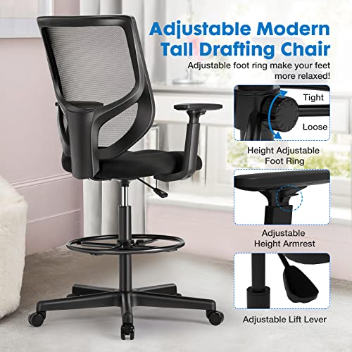 JHK Drafting Tall Home Office Standing Desk Adjustable Foot Ring and Armrest, Mid Back Mesh Computer Executive Task Chair with Ergonomic Lumbar Support for Adult, Black